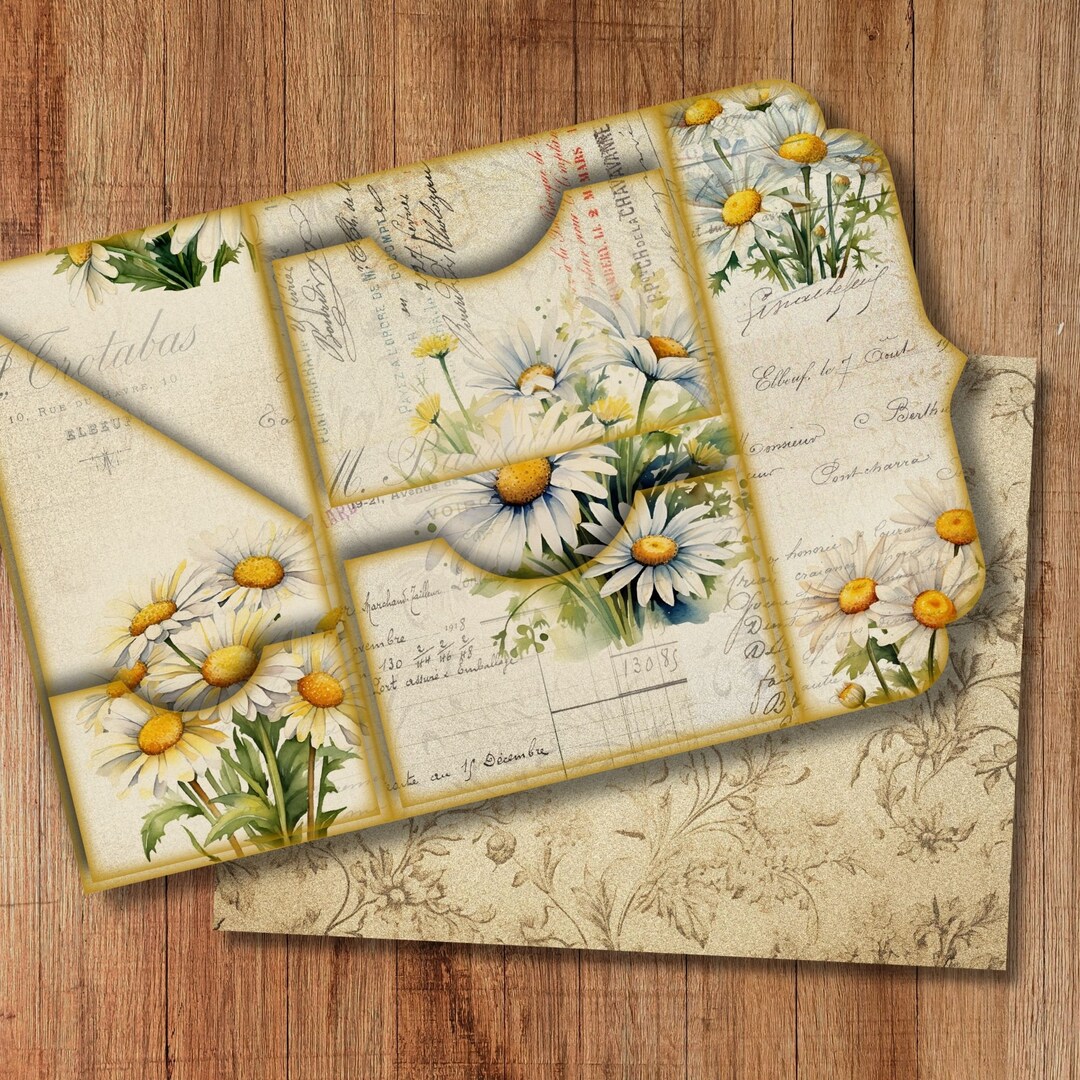 Daisy Flower Watercolor Trifold Folio Junkjournal Kit Vintage DIY Mini ...