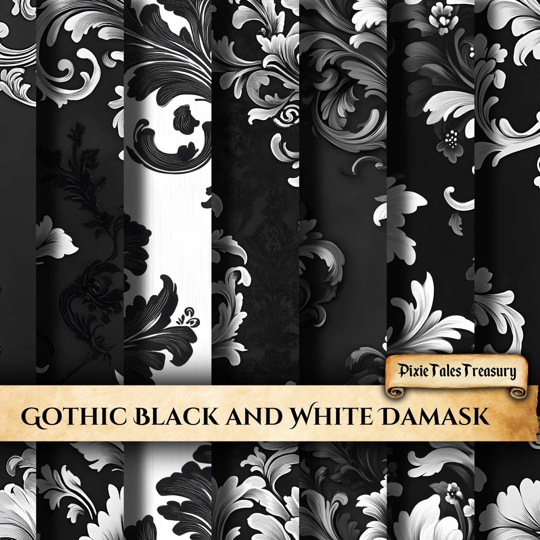 Gothic Black & White Damask Paper, Victorian Halloween Scrapbook Paper ...