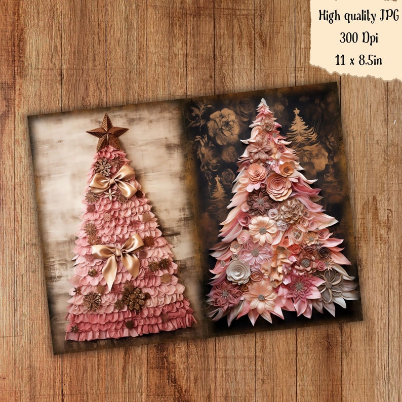 Vintage Pink Christmas Tree Junk Journal Kit Mixed Media Floral Paper ...