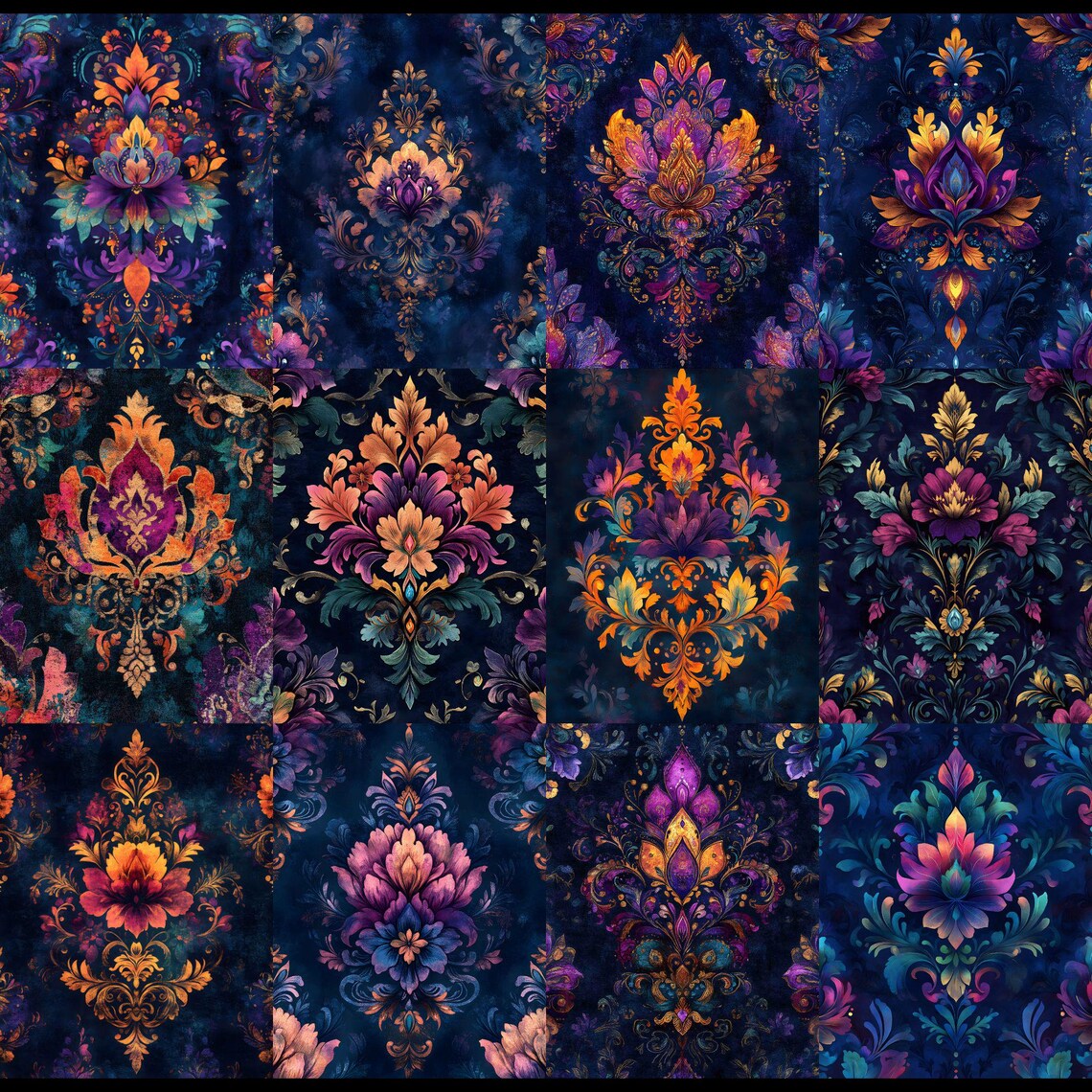 Boho Jewel Tone Damask Paper, Vibrant Bohemian Scrapbook Paper for Junk ...