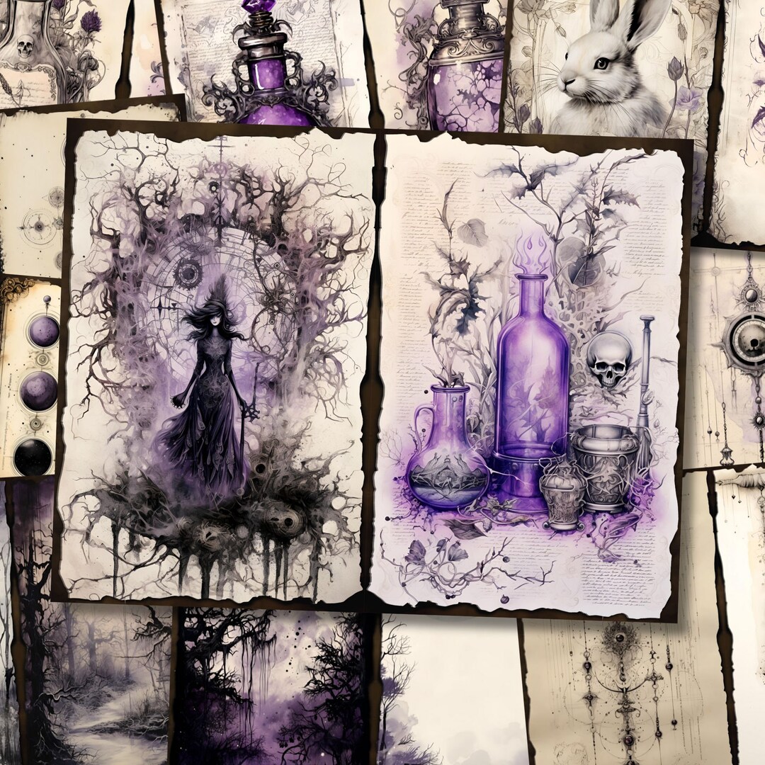 Purple Goth Fantasy Junk Journal Pages Fairytale Witch Magic Spell Book ...