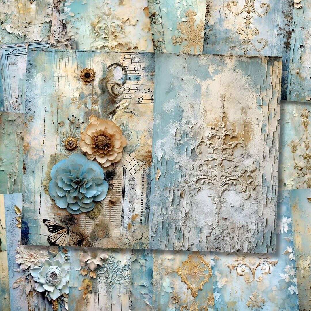 Tattered Blue Shabby Floral Junk Journal Pages Flower Grunge Journaling ...