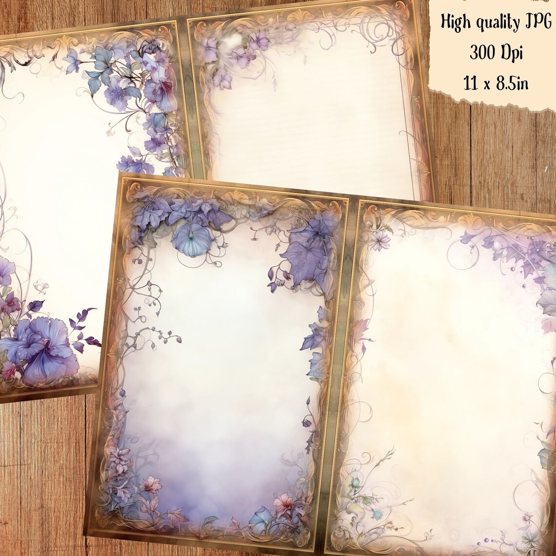 Fantasy Junk Journal Pages Purple Gold Frame Journaling Paper ...