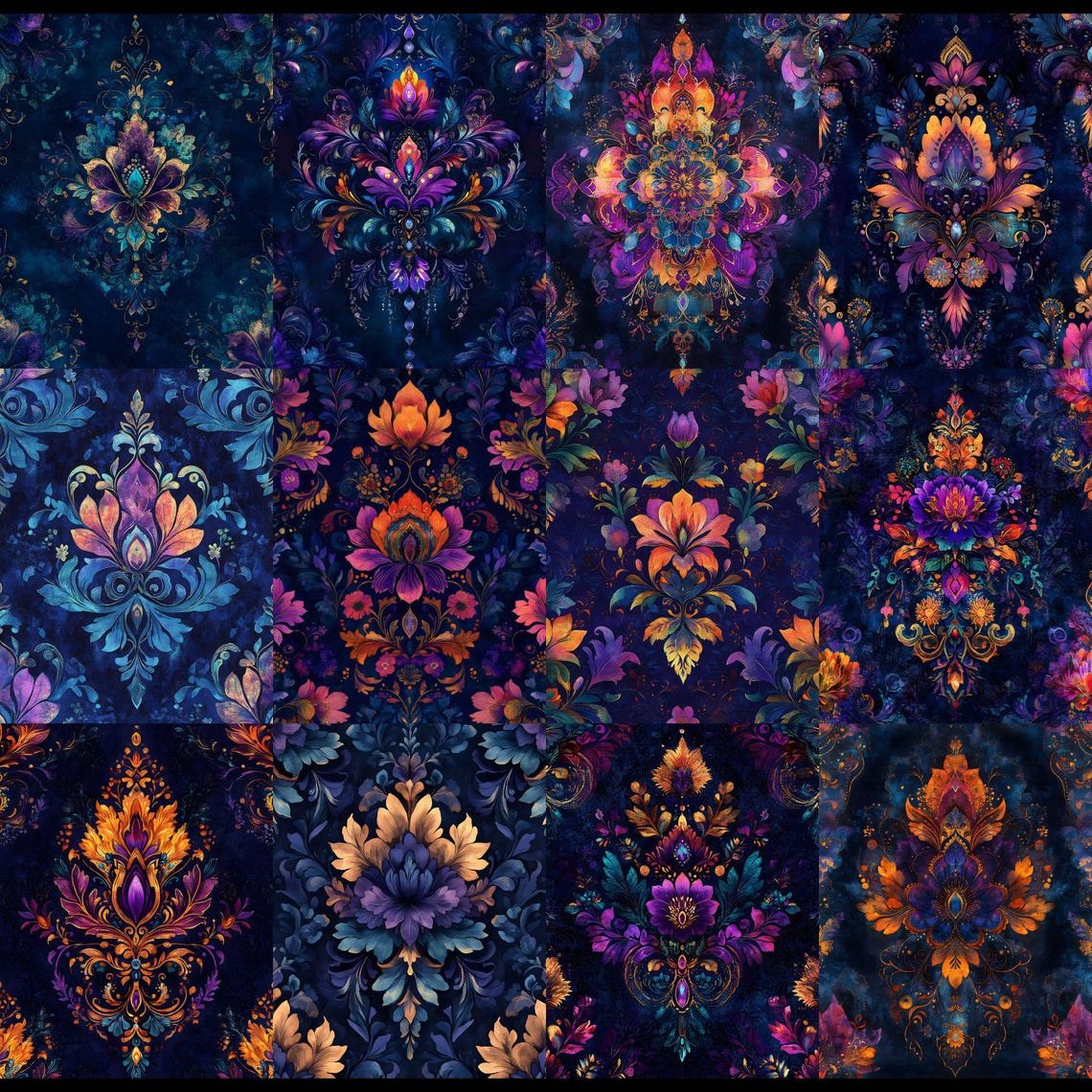 Boho Jewel Tone Damask Paper, Vibrant Bohemian Scrapbook Paper for Junk ...