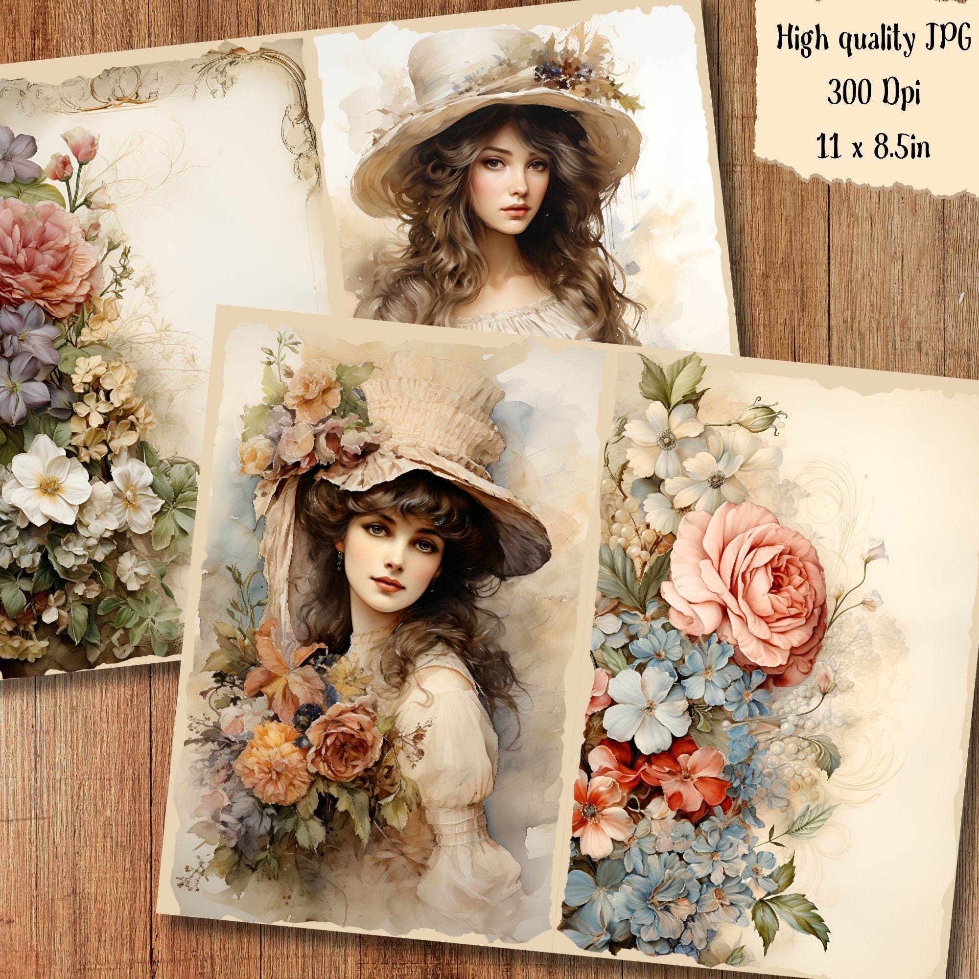 Vintage Floral Lady Junk Journal Pages Shabby Flower Journaling Paper ...