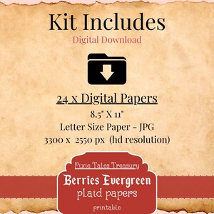 Berries Evergreen Plaid Paper, 8.5" X 11", Rustic Christmas Digital ...