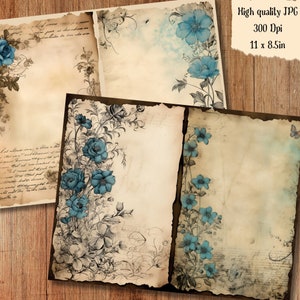 Tattered Blue Floral Watercolor Junk Journal Page Flower Journaling ...