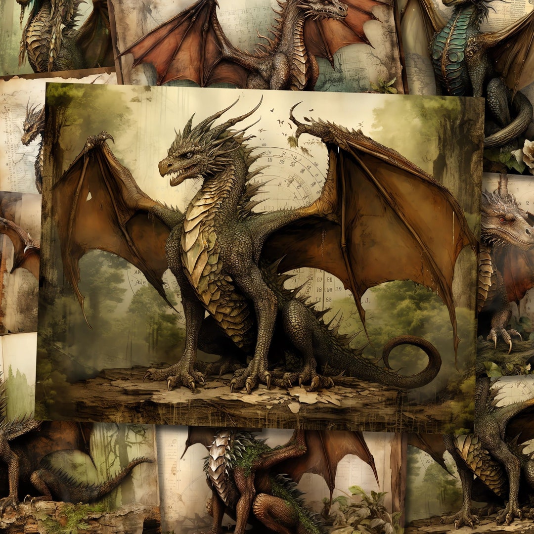 Forest Dragon Sheet Paper Junk Journal Kit Green Dragon Scrapbook Paper ...