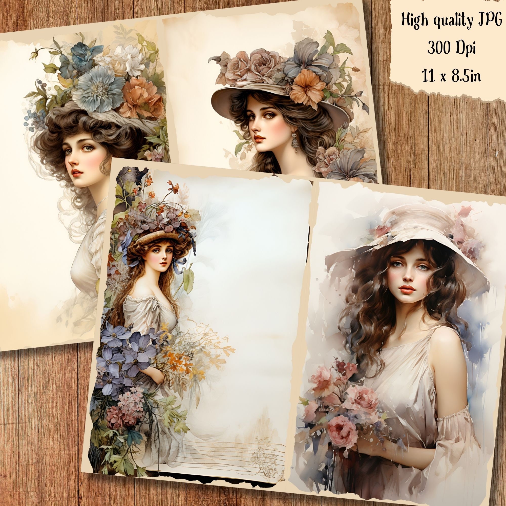 Vintage Floral Lady Junk Journal Pages Shabby Flower Journaling Paper ...