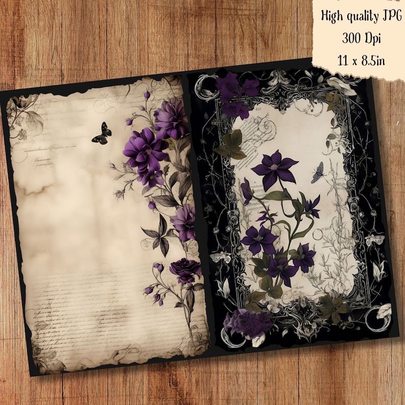 Dark Witchy Floral Junk Journal Pages Vintage Goth Purple - Etsy