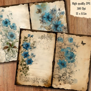 Tattered Blue Floral Watercolor Junk Journal Page Flower Journaling ...