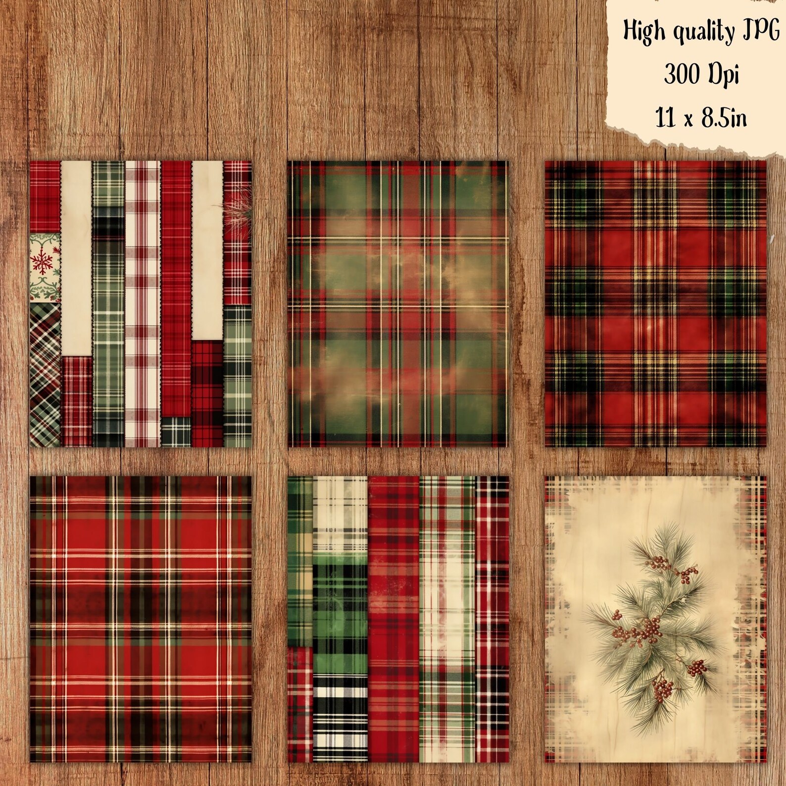 Vintage Christmas Plaid Pattern Collage Sheet Holiday Rustic Floral ...