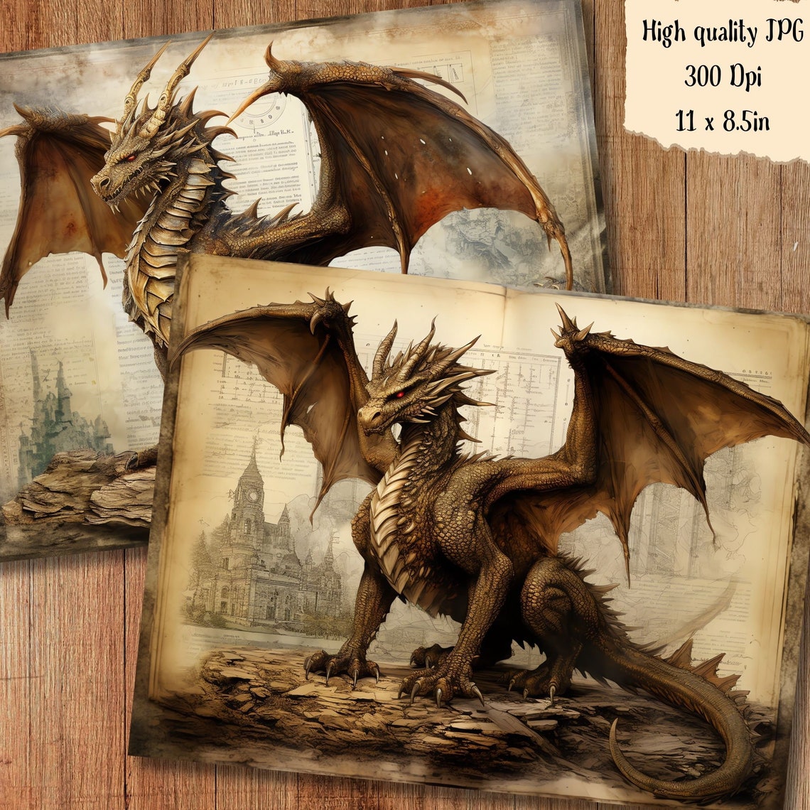 Gold Dragon Paper Junk Journal Kit Magical Dragon Scrapbook Paper ...