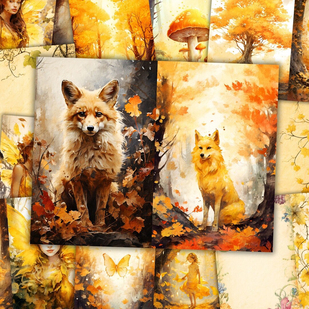 Fox Golden Forest Junk Journal Kit Grunge Textured Mixed Media Fantasy ...