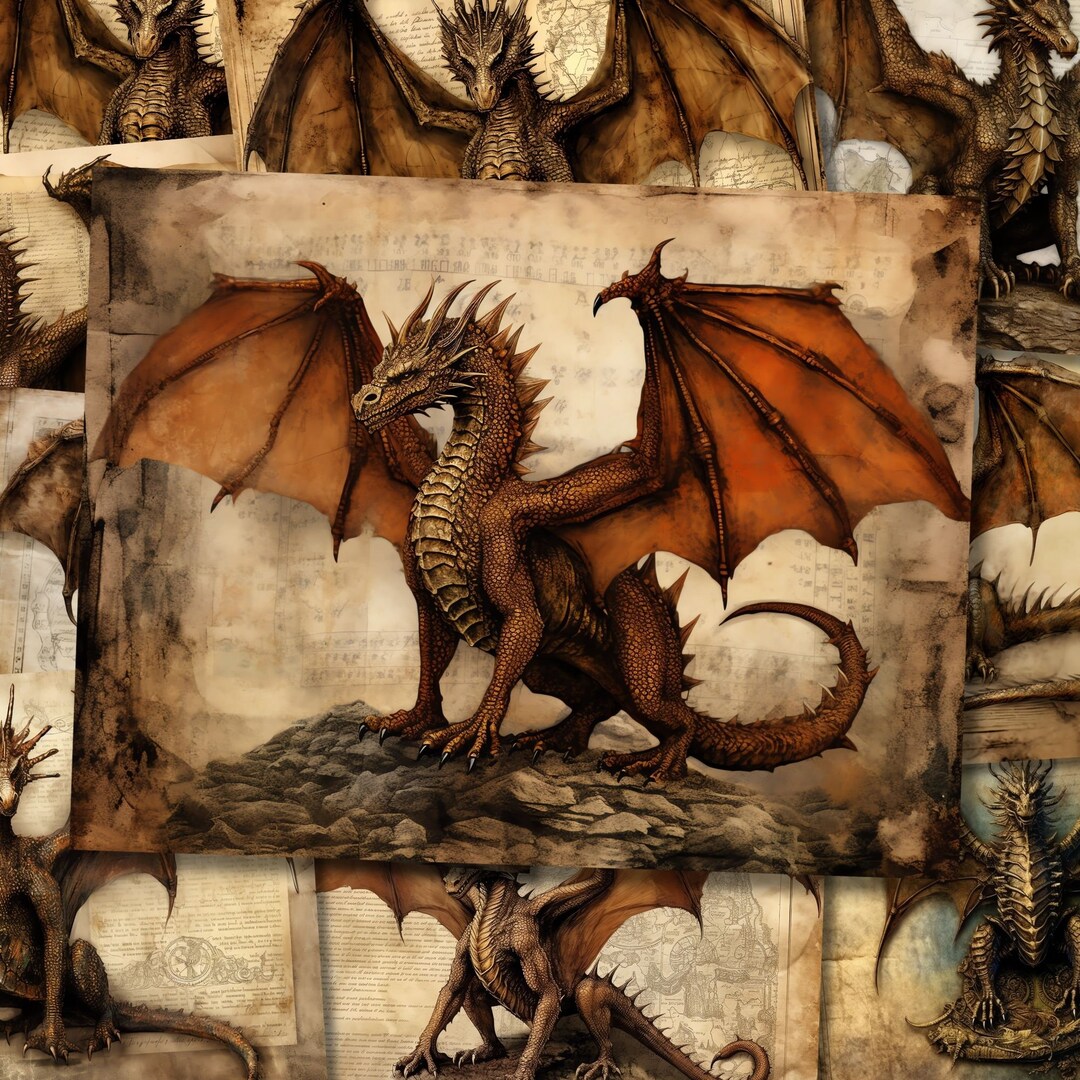 Vintage Dragon Paper Junk Journal Kit Brown Dragon Scrapbook Paper ...