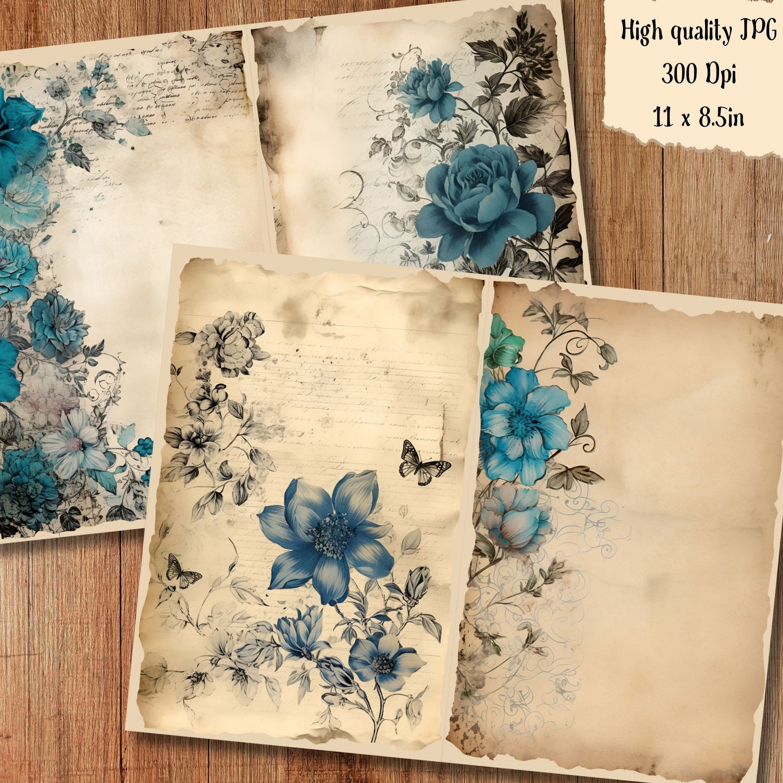 Tattered Blue Floral Watercolor Junk Journal Page Flower Journaling ...