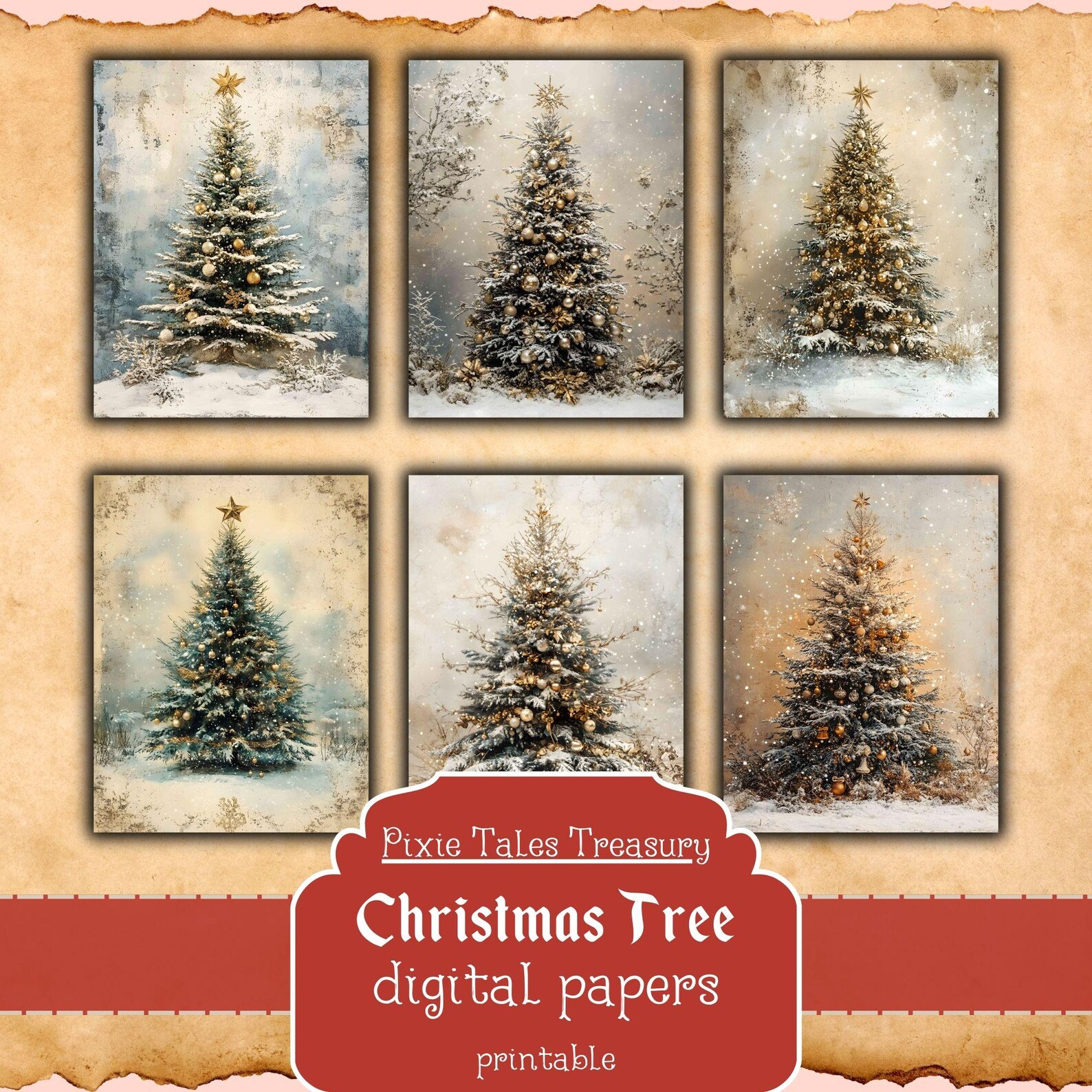 Christmas Tree Gold Paper, 8.5" X 11", Winter Junk Journal Digital Kit ...