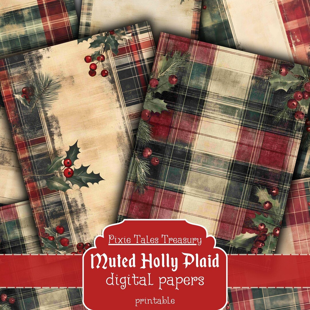 Muted Christmas Plaid Paper, Holly Printable Background, Rustic ...