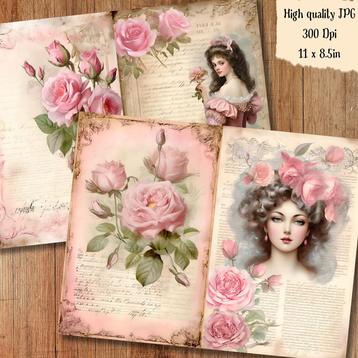 Vintage Victorian Rose Junk Journal Pages Romantic Pink Journaling ...