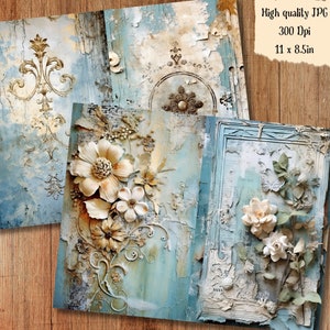 Tattered Blue Shabby Floral Junk Journal Pages Flower Grunge Journaling ...
