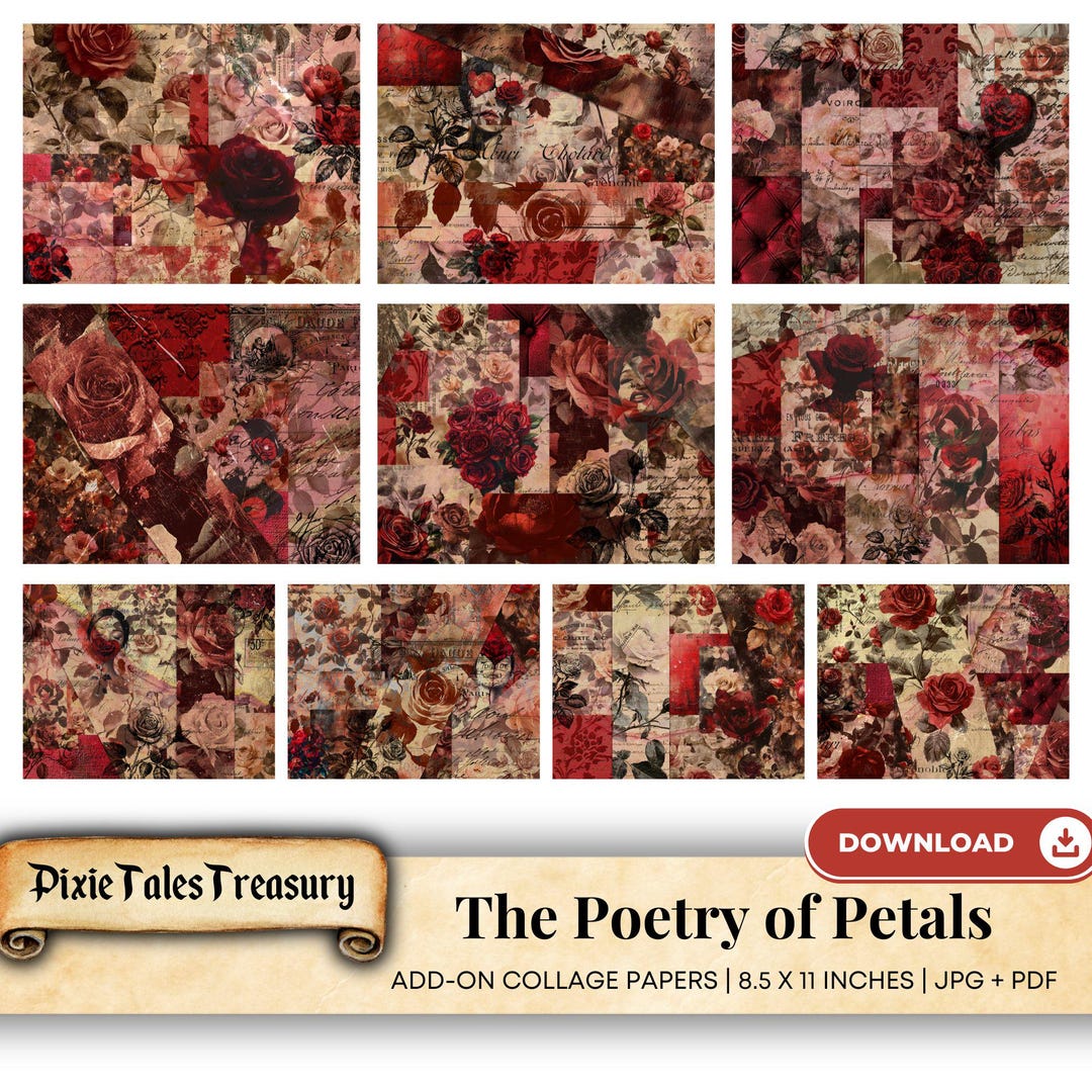 Red Rose Collage Paper Addon Pack, 10 Vintage Shabby Backgrounds ...