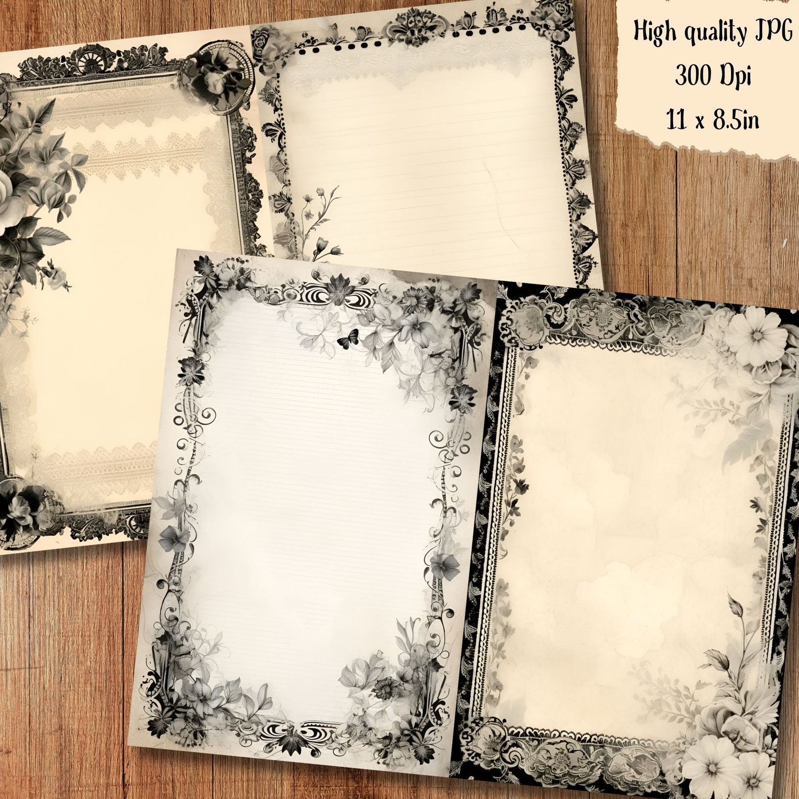 Vintage Black Floral Junk Journal Pages Goth Frame Journaling Paper ...