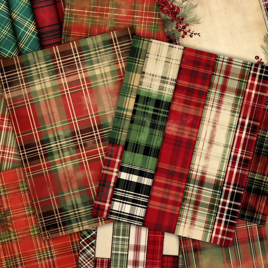 Vintage Christmas Plaid Pattern Collage Sheet Holiday Rustic Floral ...