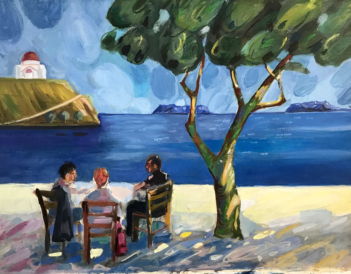 Greek Landscape, Breakfast by the Sea, Impressionist Oil Painting on ...