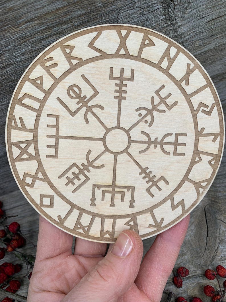 Wooden Vegvisir Viking Compass, Nordic Compass, Runic Design ...