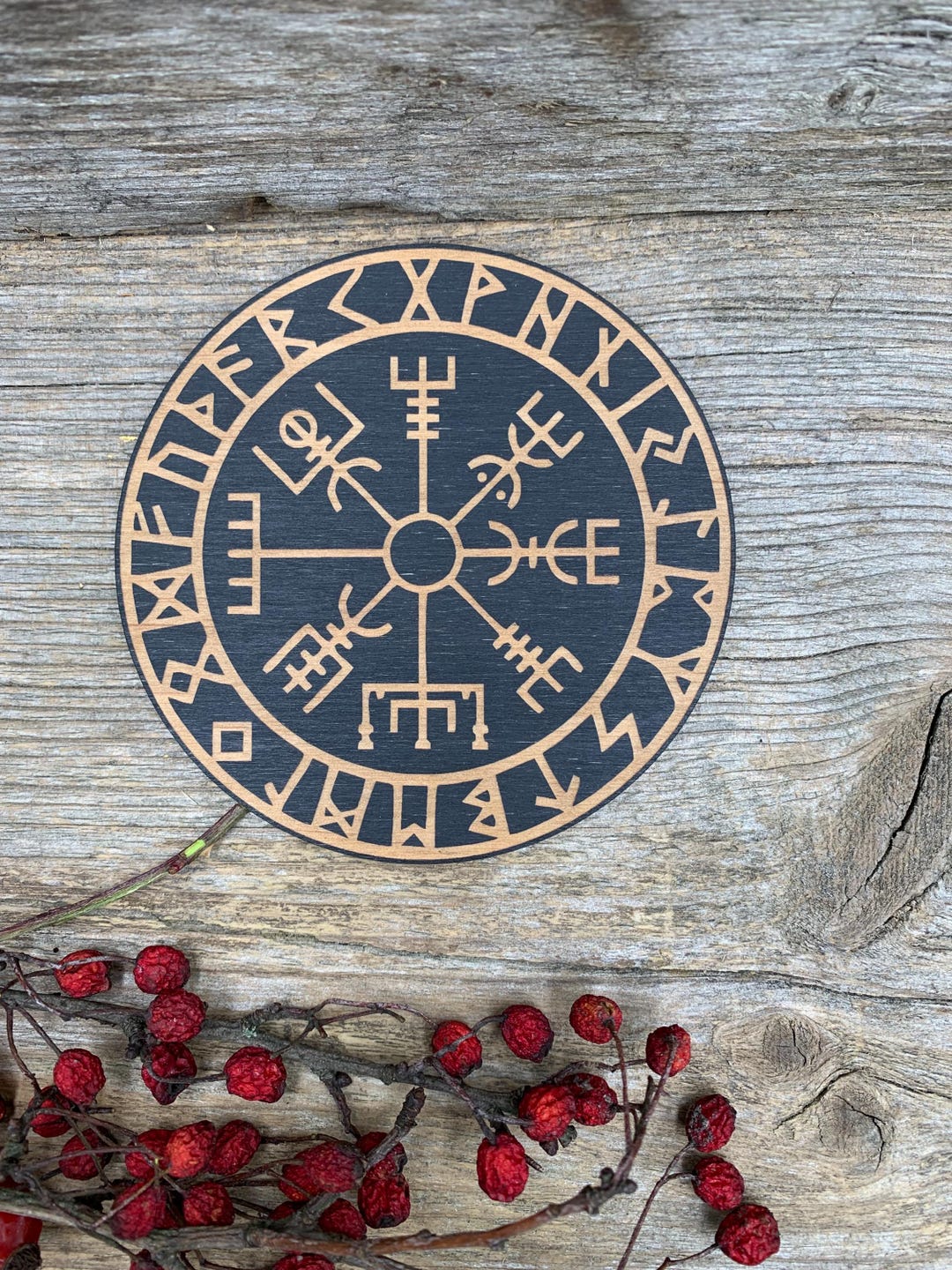 Wooden Vegvisir Viking Compass, Nordic Compass, Runic Design ...