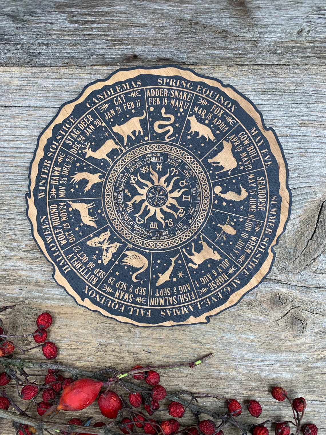 Wooden Wheel of the Year, Celtic Animal Zodiac, Pagan Calendar, Wiccan ...