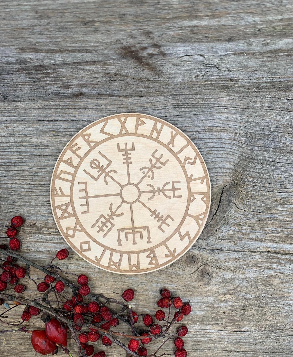 Wooden Vegvisir Viking Compass, Nordic Compass, Runic Design ...