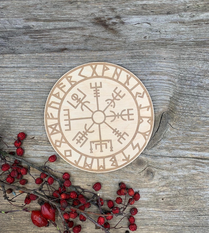 Wooden Vegvisir Viking Compass, Nordic Compass, Runic Design ...