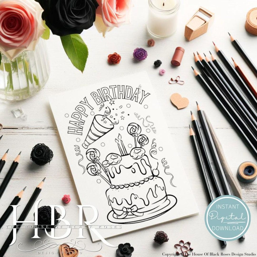 DIGITAL DOWNLOAD Colour Your Own Birthday Cards Printable CYO Greetings ...