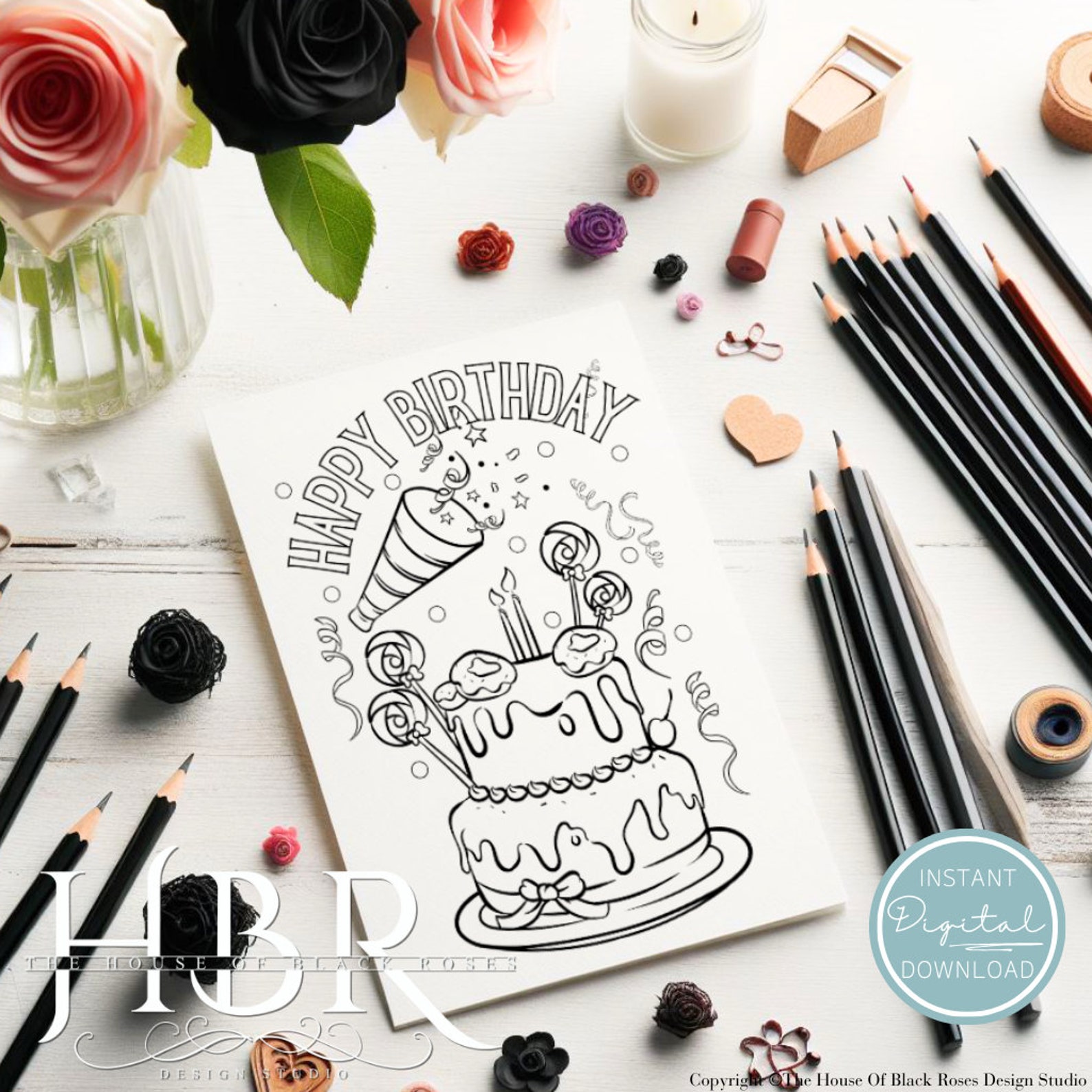 DIGITAL DOWNLOAD Colour Your Own Birthday Cards Printable CYO Greetings ...