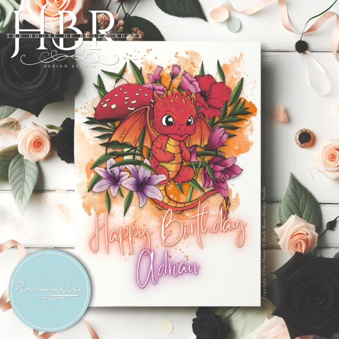 Personalised Cute Dragon Birthday Card Unique Illustrated Greeting Card ...