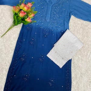 Lucknowi Chikankari Muslin Kurti With Mukesh & Cotton Lycra Pant Set ...