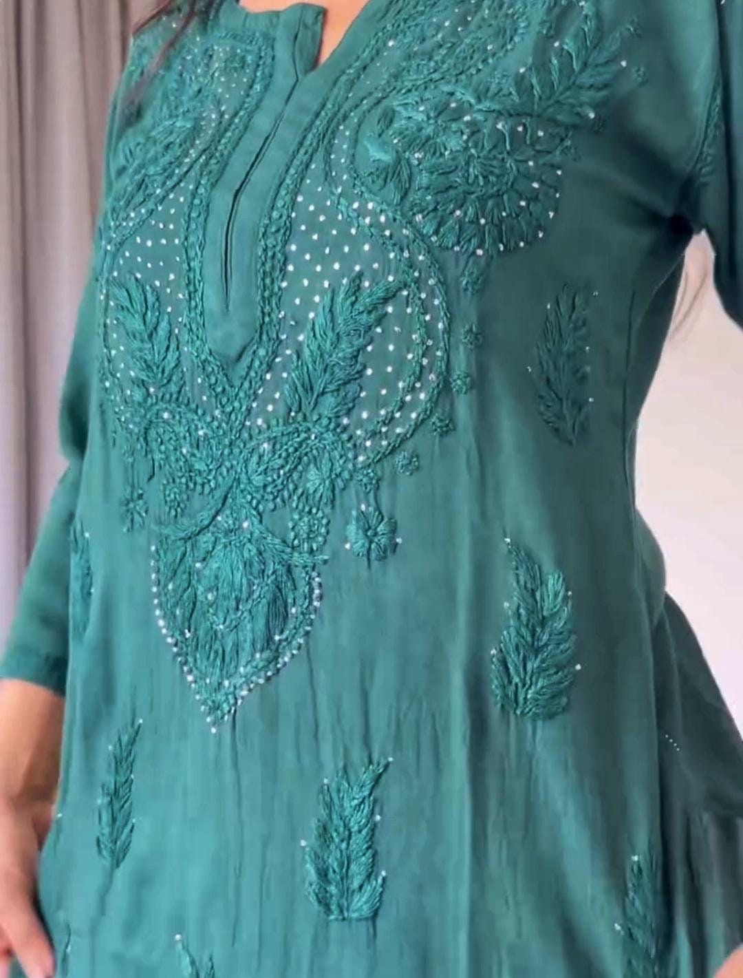 Handcrafted Green Kurti With Chikankari & Mukesh Work, Soft Rayon Top ...