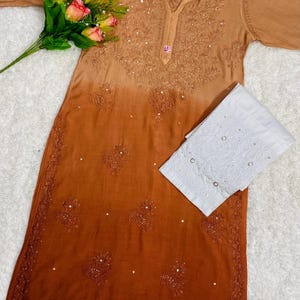 Lucknowi Chikankari Muslin Kurti With Mukesh & Cotton Lycra Pant Set ...