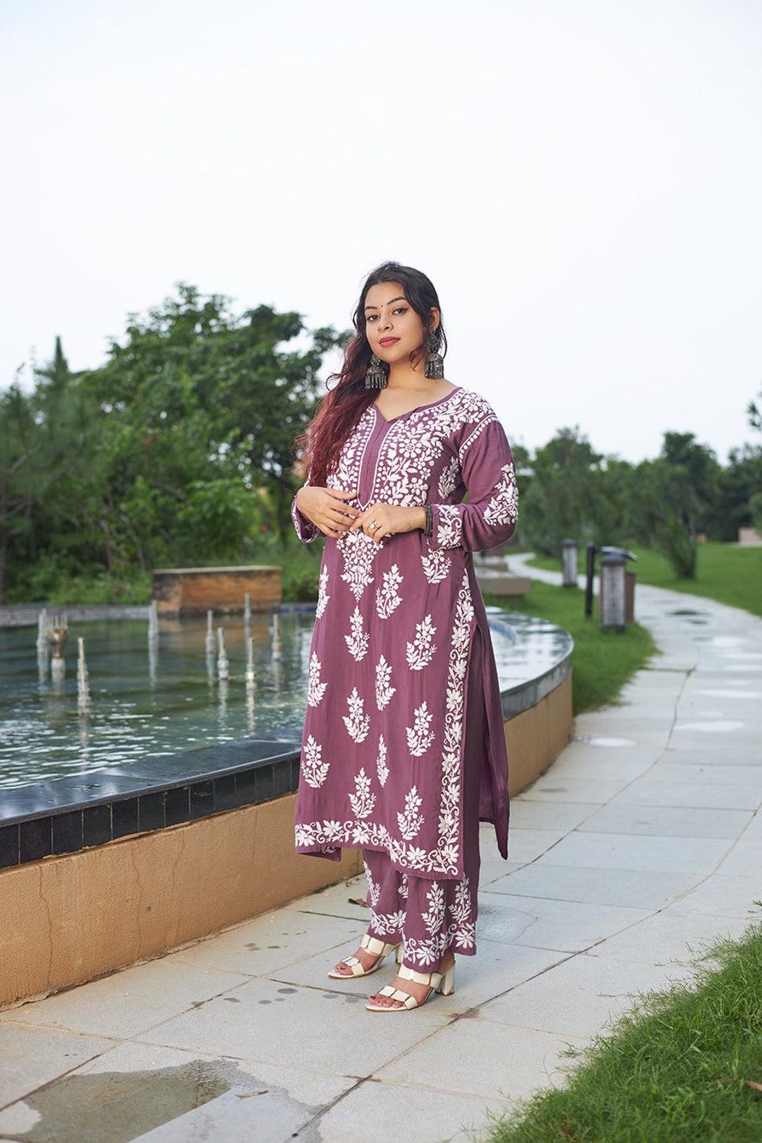 Embroidered Chikankari Kurti Palazzo Set, Handcrafted Lucknowi Outfit ...
