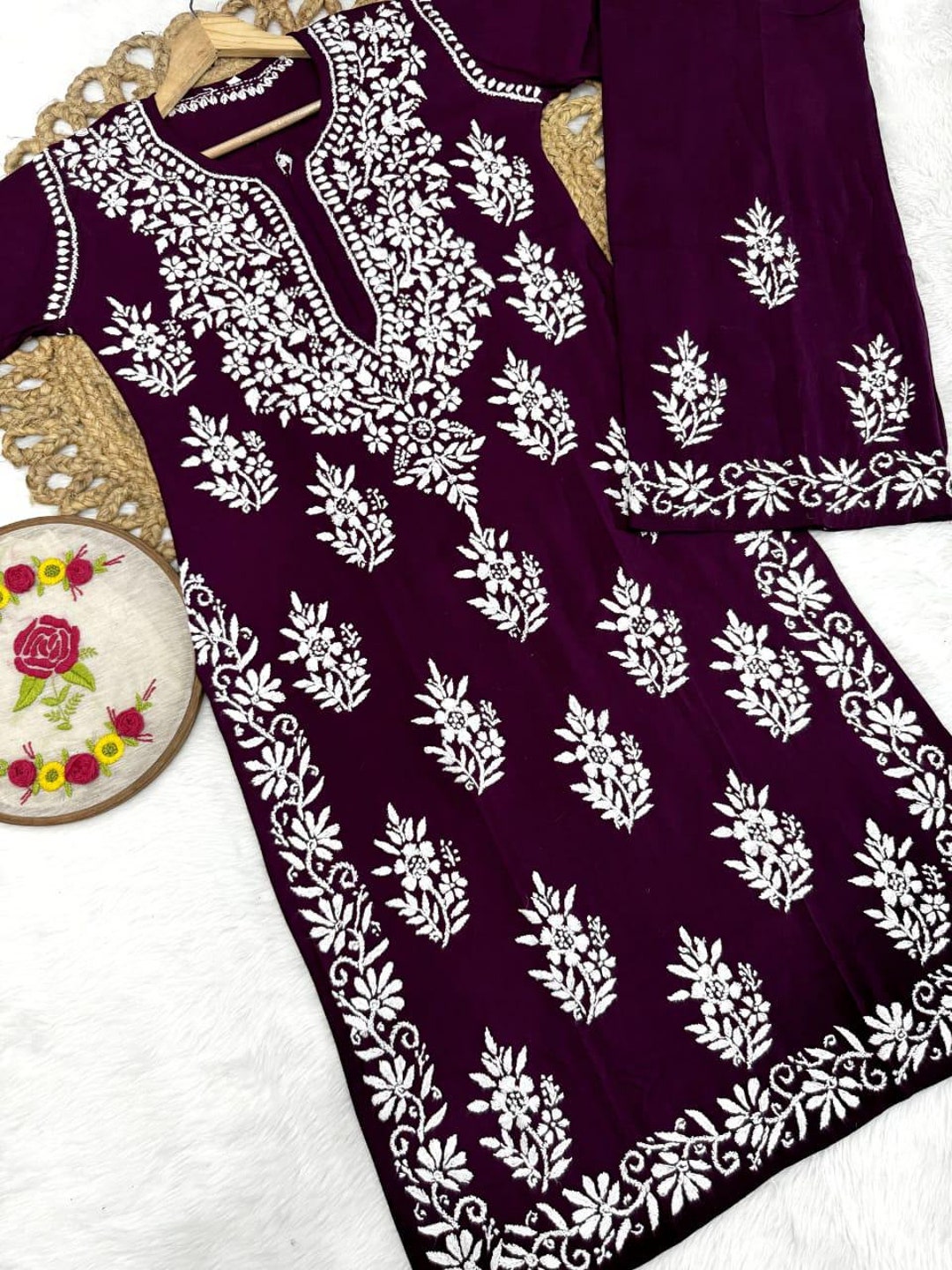 Embroidered Chikankari Kurti Palazzo Set, Handcrafted Lucknowi Outfit ...