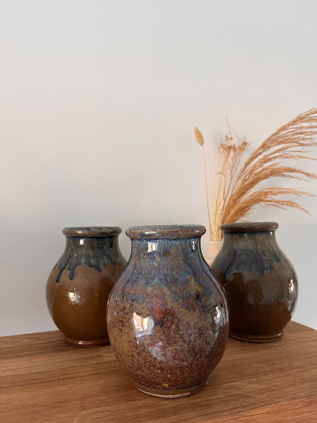 Set of Three Small Vintage Art Pottery Vases Handmade Glazed Blue and ...