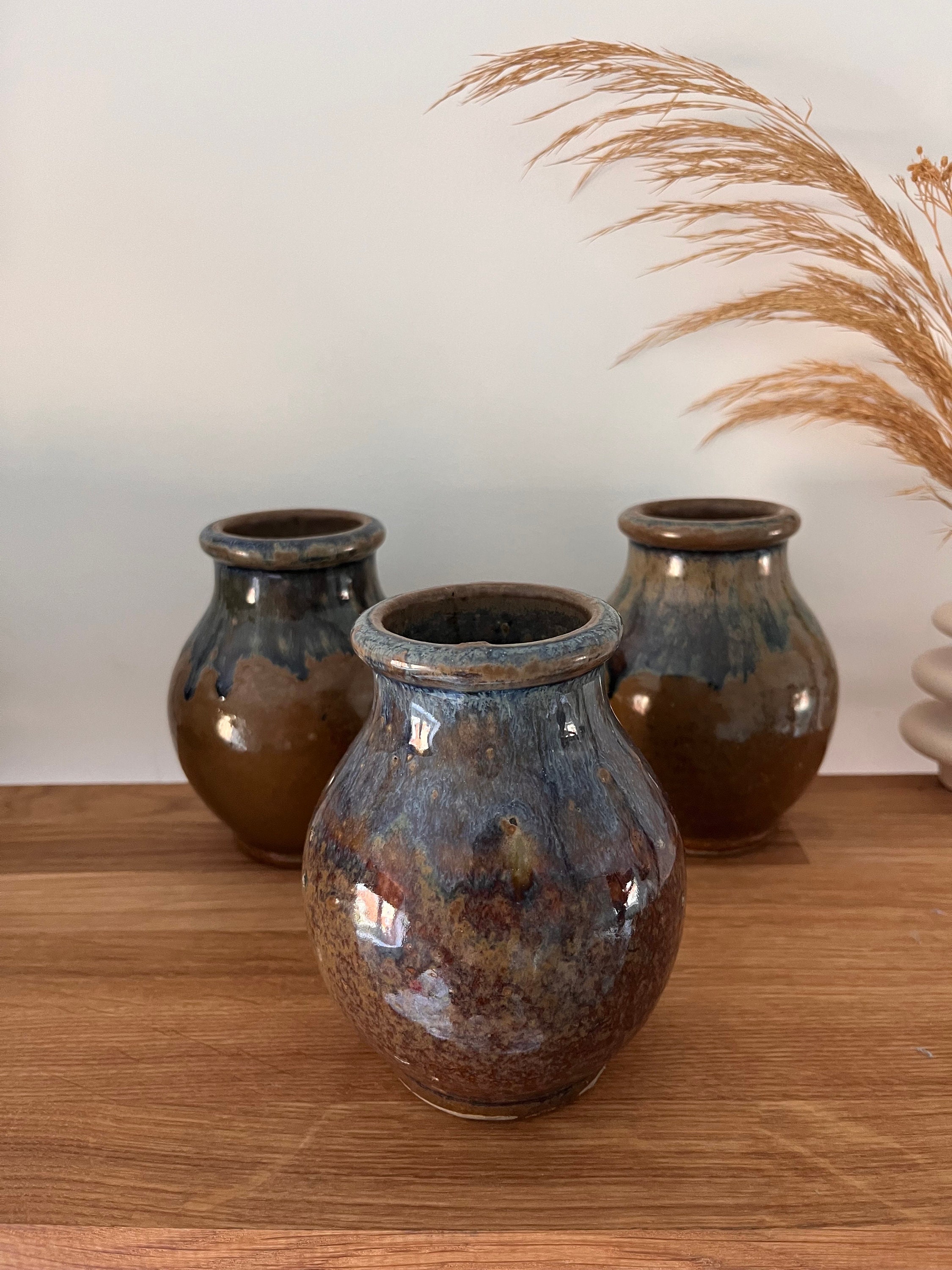 Set of Three Small Vintage Art Pottery Vases Handmade Glazed Blue and ...