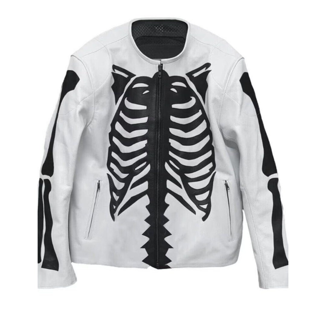 Men's White & Black Leather Skeleton Biker Jacket Handmade Fully Padded Real Leather Jacket ...