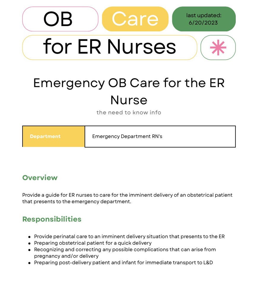 OB Care Guide for ER Nurses - Etsy