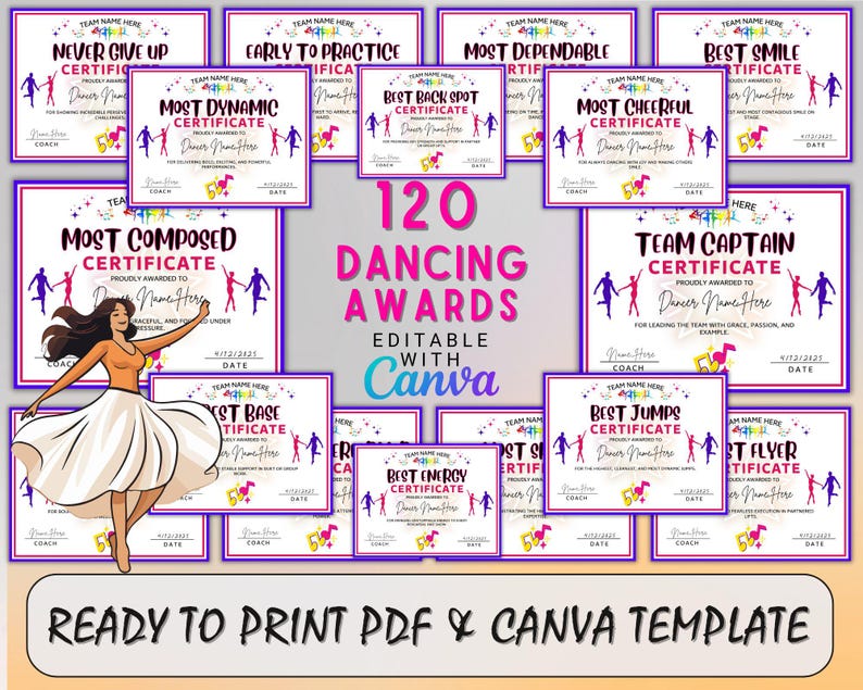 Editable Dancing Awards Certificates, Canva Template, Dancing Awards ...