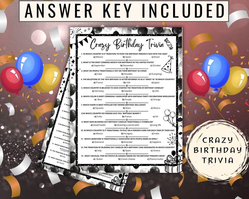 Funny Birthday Trivia Game, Printable Party Activity, Birthday Quiz ...