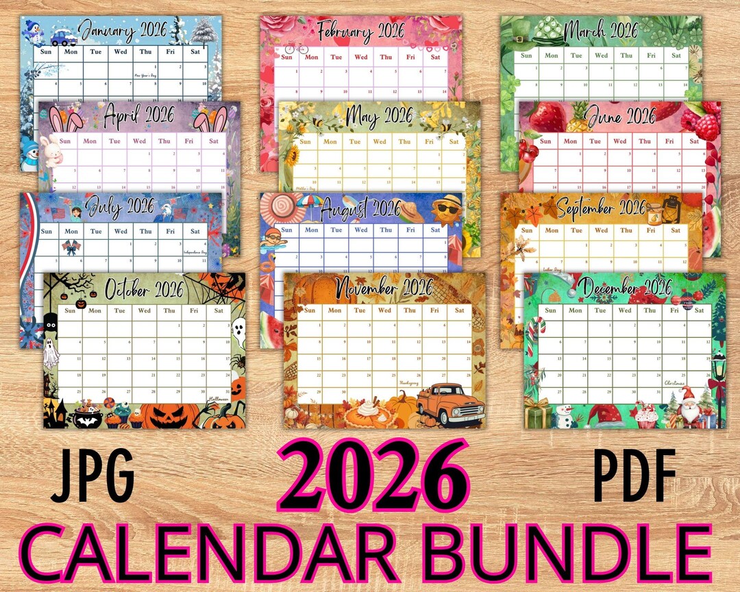 2026 Calendar Bundle Printable, Cute Printable Monthly Planner for Kids ...