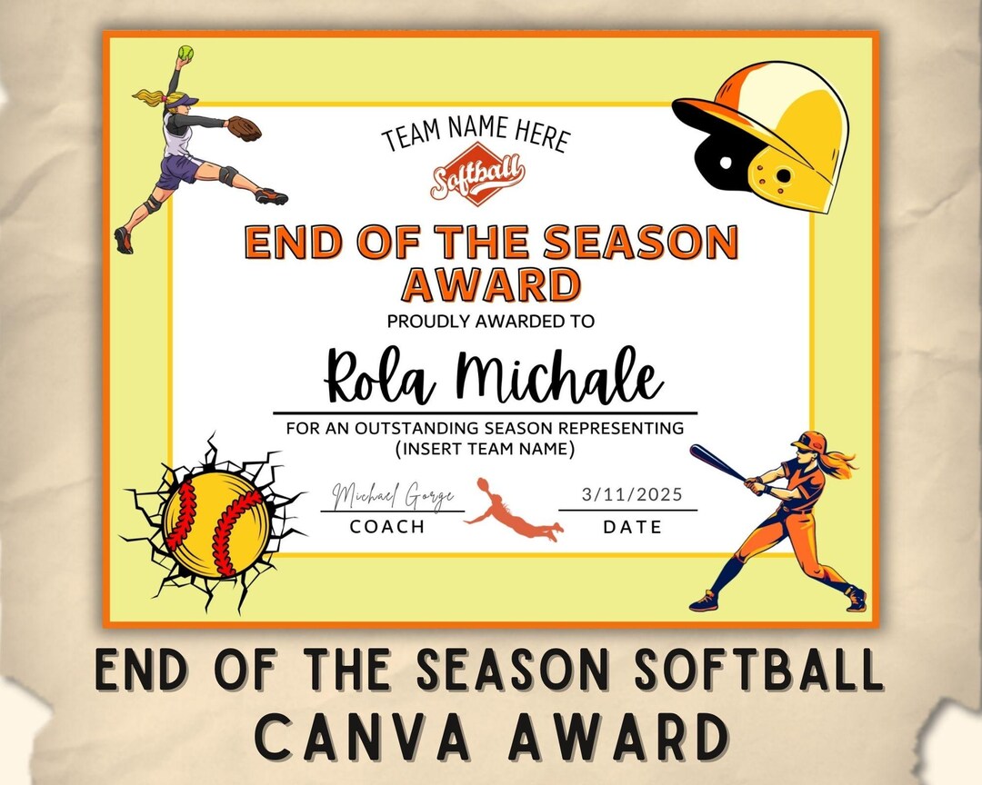 Editable Canva Template | End of Season Softball Award Certificate ...