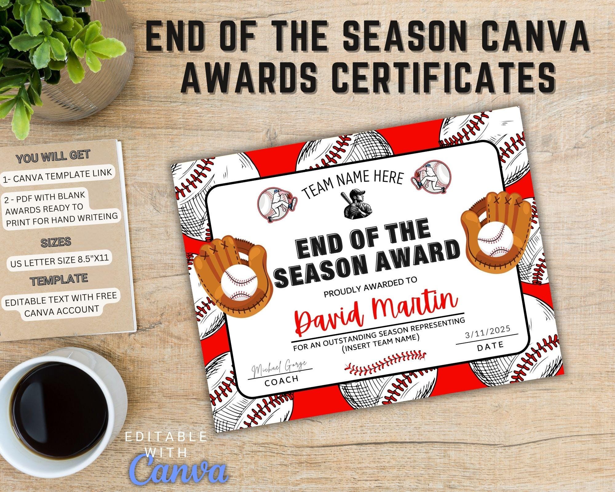 Editable Canva Template | End of Season Baseball Award Certificate ...